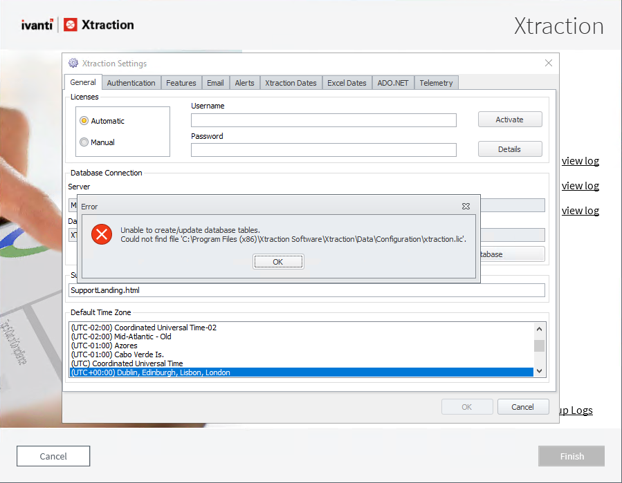 Xtraction Settings Unable to Create Update Tables Due to Missing lic File
