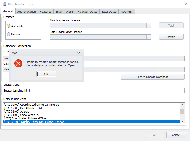 Unable to create/update database tables within Xtraction Settings